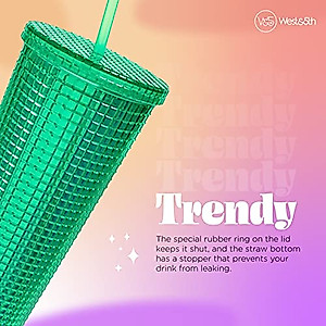 WEST & FIFTH Grid Plastic Cold-Cup Tumbler with Straw, Iridescent Semi-Transparent Square-Textured Cup, BPA-Free Double-Wall Cup for Iced Coffee, Cold Drinks, or Water, 24oz., Mint