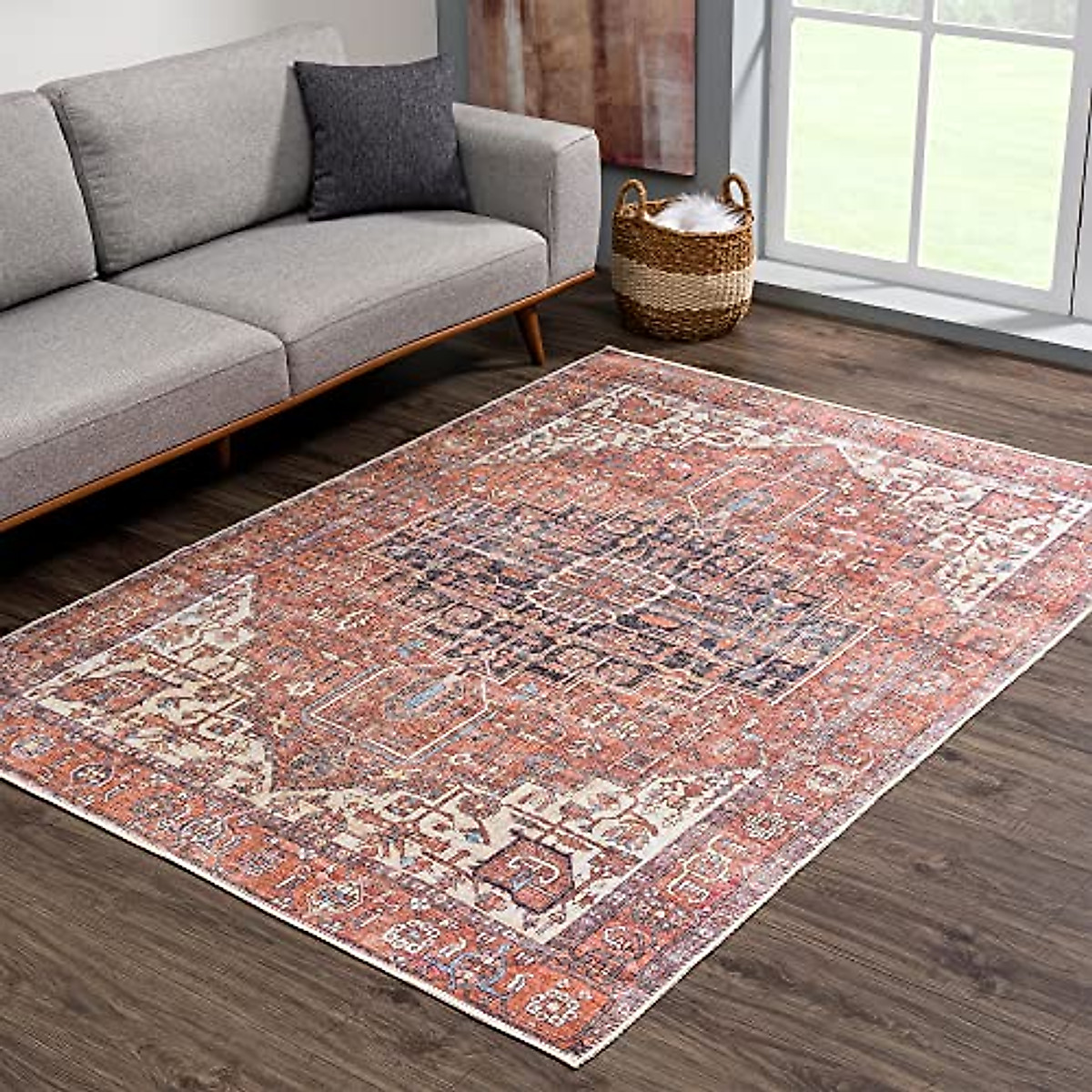 Bloom Rugs Washable 4x6 Rug - Red/Orange/Beige Traditional, Distressed Area Rug for Living Room, Bedroom, Dining Room and Kitchen - Exact Size: 4' x 6'