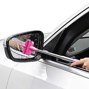 Saterkali Rearview Mirror Retractable Wiper with Double-Layer Brush Head, Portable Cleaning Car Rearview Mirror Rain Remover for Car Windshield, Window, Mirror, Glass Door Pink