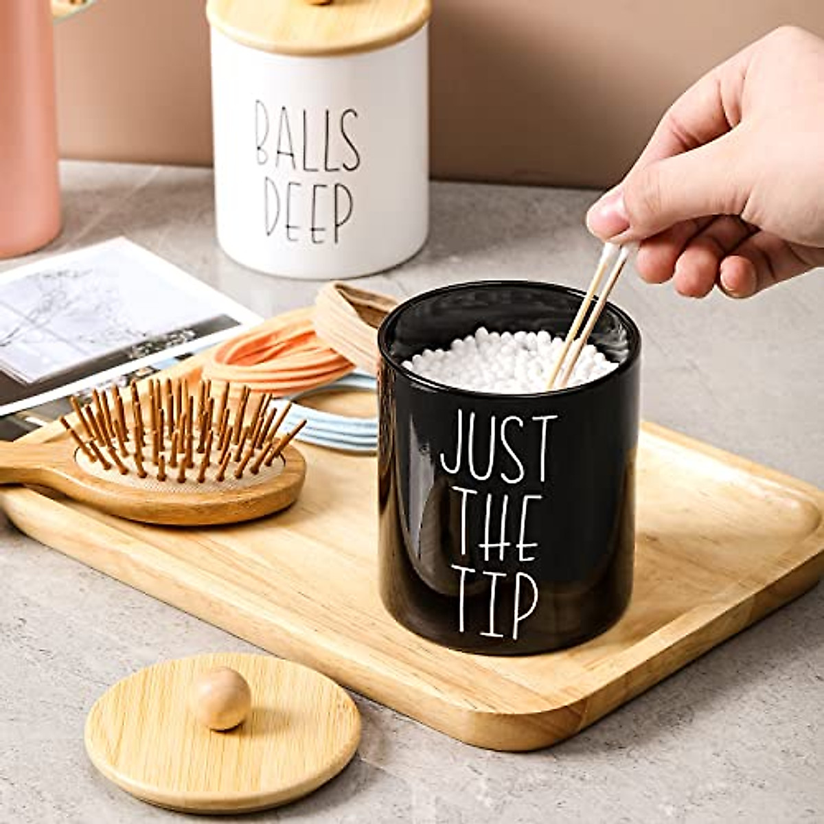 2 Pack Apothecary Jars with Bamboo Lids for Bathroom Organization - Qtip Holder and Cotton Ball Dispenser- Rustic Farmhouse Home Decor Clearance Gift - Cute Bathroom Organizer Canisters, Accessories