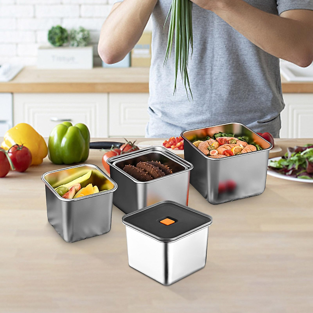 Stainless Steel Food Storage Containers with Lid, Food Lunch Box Containers Leak-proof Light Easy Set with Air Vent Snack Boxes Airtight Lunch Containers (65oz)