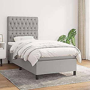 vidaXL Bed Frame, Box Spring Bed Single Platform Bed, Bed Frame Mattress Foundation with Headboard for Bedroom, Light Gray Twin XL Fabric