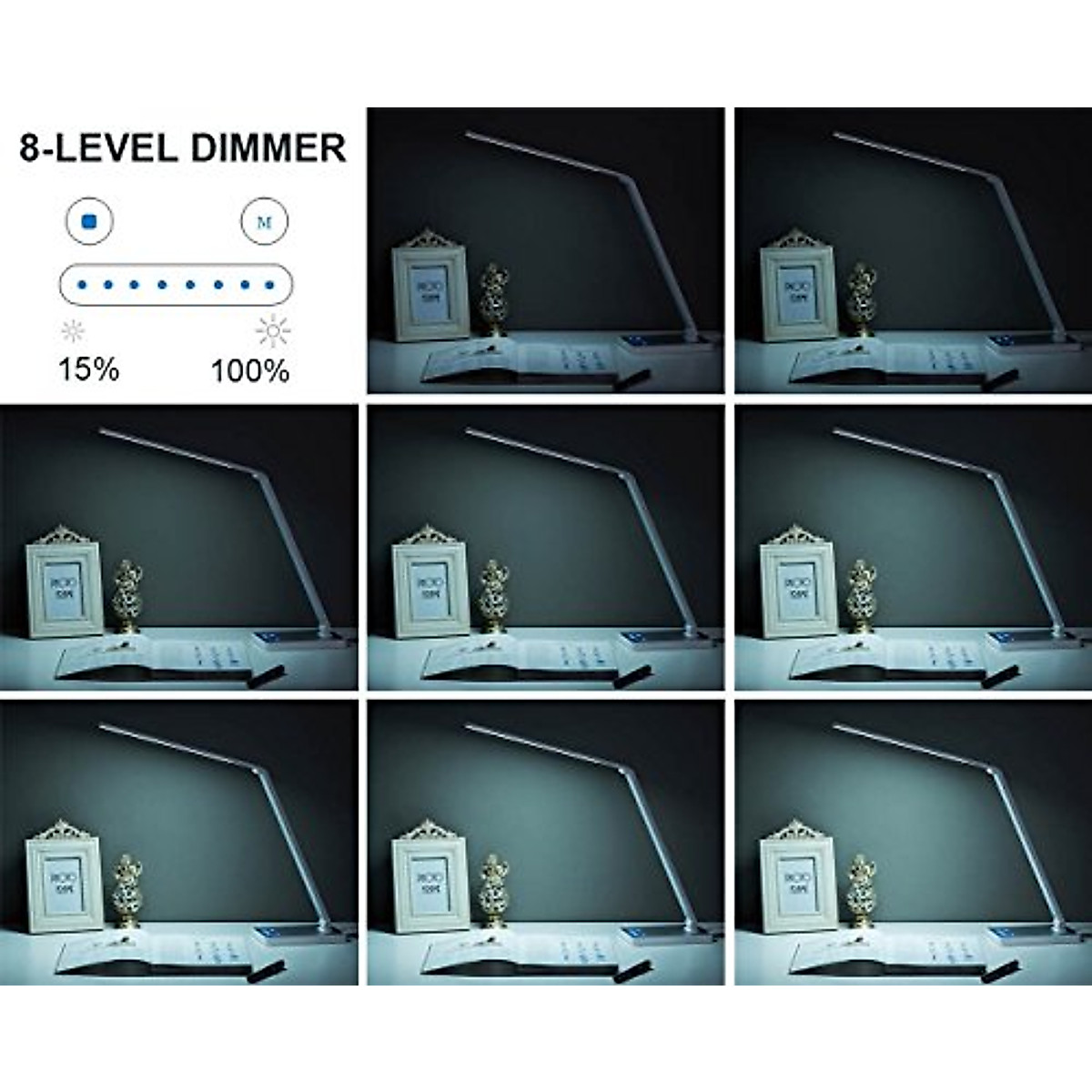 Phive Dimmable LED Desk Lamp with Fast Charging USB Port, Touch Control, 8-Level Dimmer / 4 Lighting Modes, Aluminum Body, Eye-Care LED, Table Lamp for Bedroom/Reading/Study (Silver)