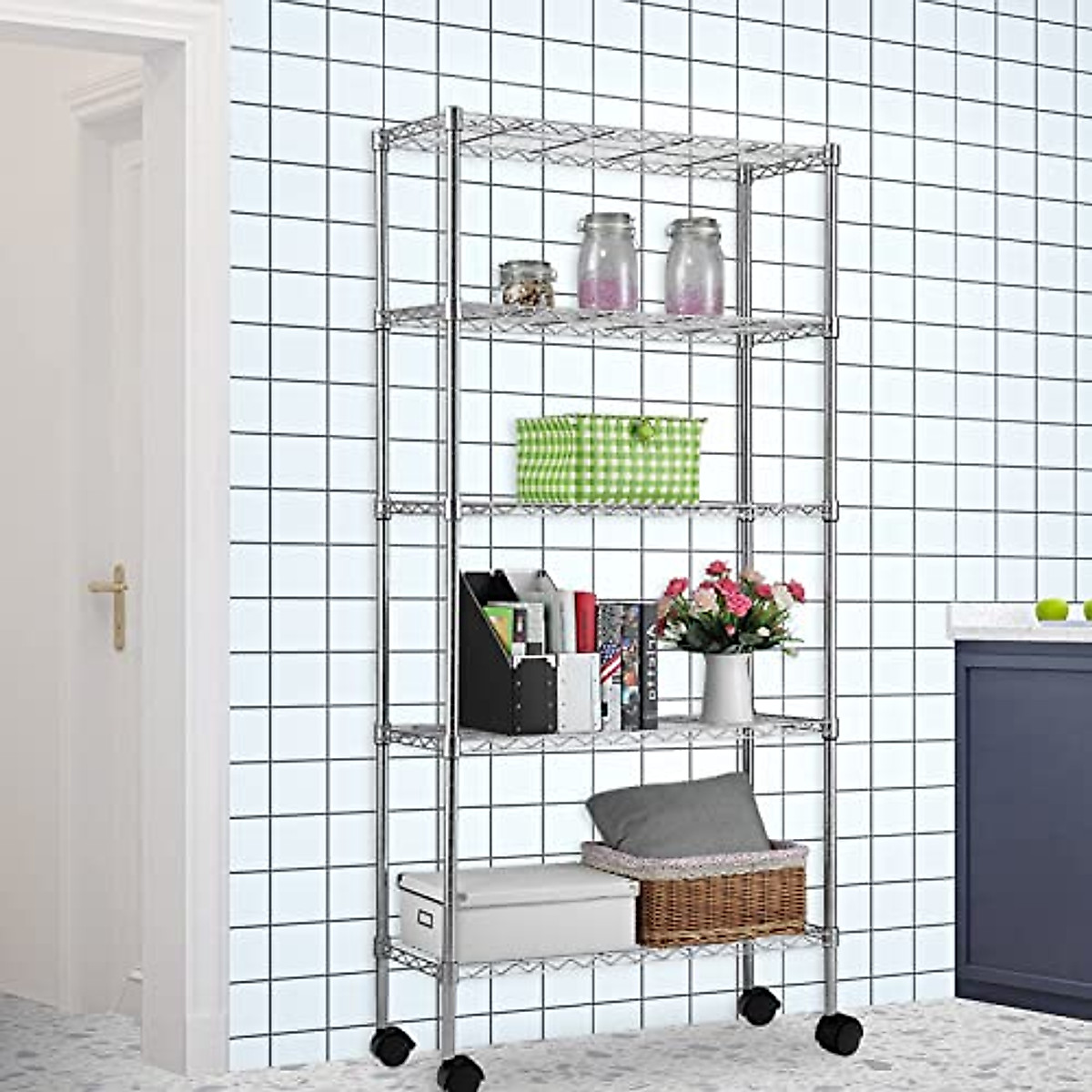 Karl home 5 - Wire Shelving Unit with Wheels, Adjustable Shelves Metal Storage Rack for Kitchen/Bathroom/Garage/Pantry Closet Organization, 1100LBS Capacity, 35’’L x 14’’W x 65’’H