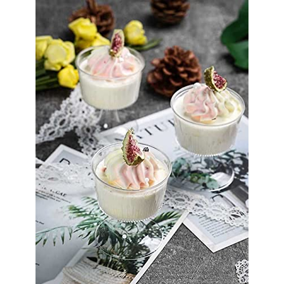 Elsjoy 75 Pack Mini Dessert Cups with Spoons, 3.5 Oz Clear Plastic Appetizer Cups Disposable Tasting Cups for Mousse, Ice Cream, Puddings, Detachable Stem Base