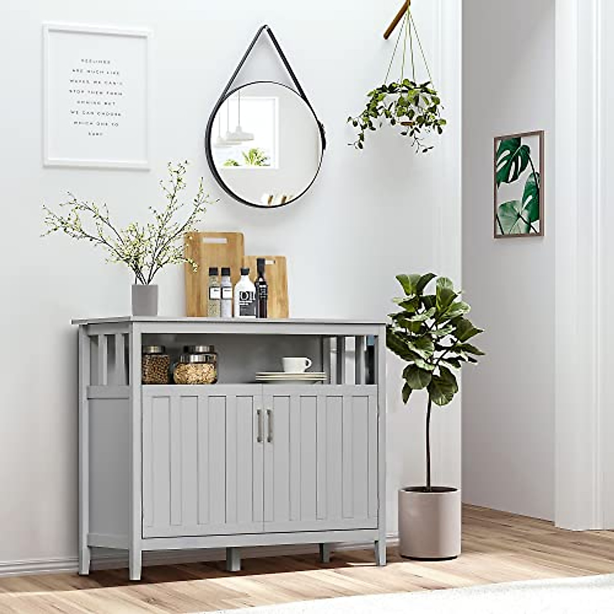 HOMCOM Sideboard Buffet Cabinet, Kitchen Cabinet, Coffee Bar Cabinet with 2 Doors and Adjustable Shelves for Entryway Living Room, Gray