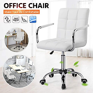 Yaheetech Adjustable Swivel Chair Faux Leather Computer Office Desk Chair Gas Lift Chrome Base On Wheels White