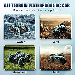 AmazeFun Amphibious Remote Control Car, 2.4GHz Gesture Sensor 4WD Remote Control Boat,360° Rotating Waterproof RC Stunt Car for Age 4 5 6 7 8 9-12 Kids Girls Boys Gift,All Terrain Beach Pool Water Toy