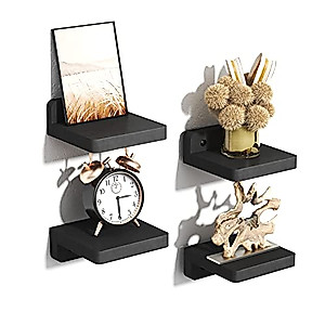 SRIWATANA Small Floating Shelves Wall Mounted, 4 Inch Wood Shelf for Decoration and Storage Set of 4, Mini Display Shelf for Bedroom, Bathroom, Kitchen, Office, Black