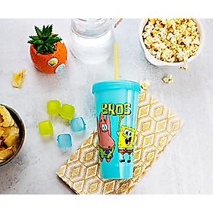SpongeBob SquarePants "Bros" Color-Changing Plastic Travel Tumbler | Includes Reusable Straw, Leak-Resistant Lid, Fake Ice Cubes | Holds 24 Ounces