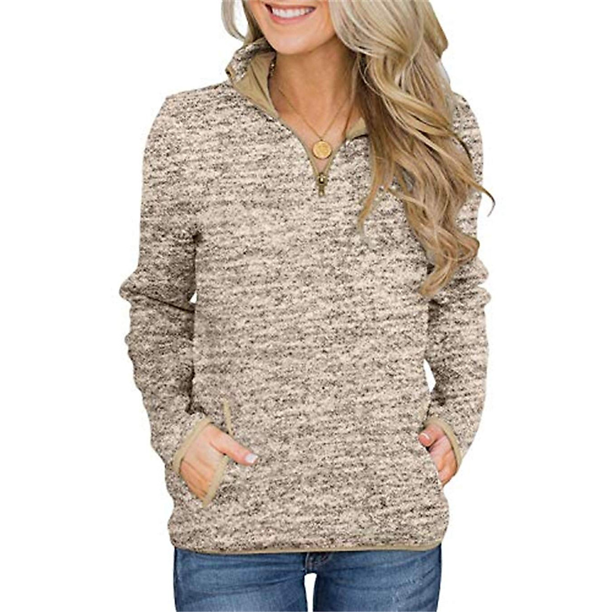 Artfish Women's Women Quarter Zip Casual Pullovers Fall Shirts Sweaters Sweatshirts with Pockets Beige Tan, XXL