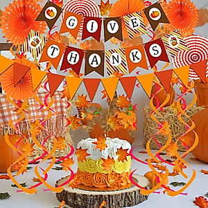Give Thanks Banner Orange Paper Triangle Flag Bunting Maple Leaf Hanging Garland and Paper Fan Flower Swirl Streamers for Thanksgiving Theme Party Decoration