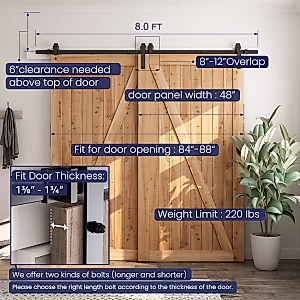 SMARTSTANDARD 8 Feet Bypass Sliding Barn Door Hardware Kit - for Double Wooden Doors-Single Track - Smoothly & Quietly - Easy to Install-Fit 84" Opening
