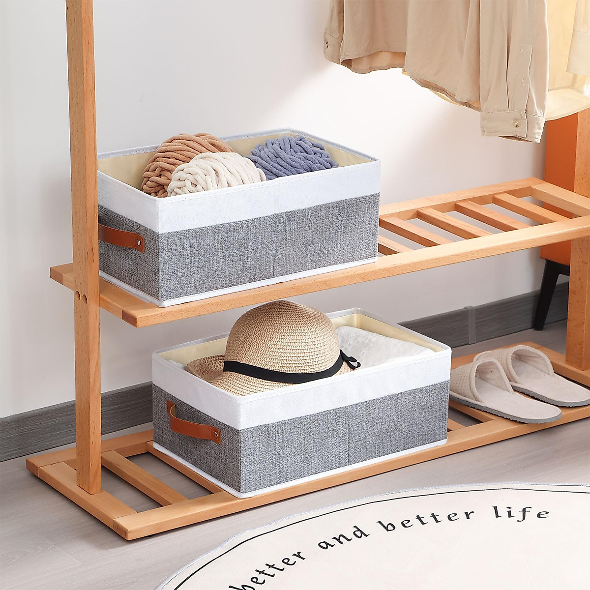 YheenLf Clothing Storage Bins, Closet Bin with Handles, Foldable Storage Baskets, Fabric Containers Storage Boxes for Organizing Shelves, Medium, 4 Pack, White and Grey