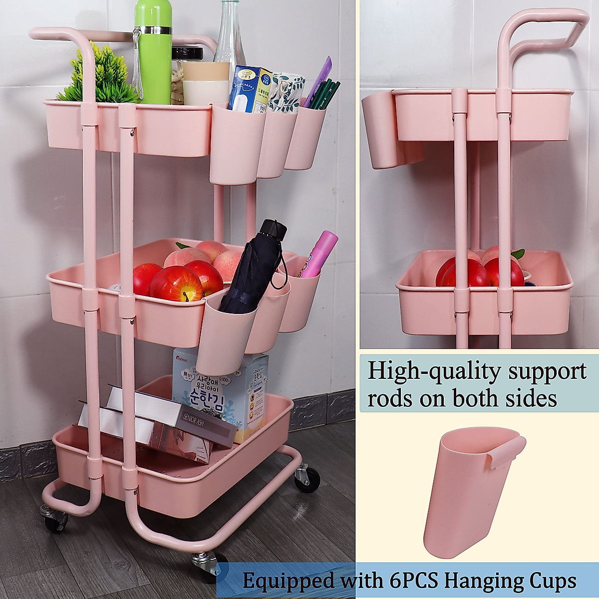 Piowio 3 Tier Utility Storage Cart Rolling Cart Organizer Shelf with 6PCS Hanging Cups for Home Kitchen Office Storage (Pink)
