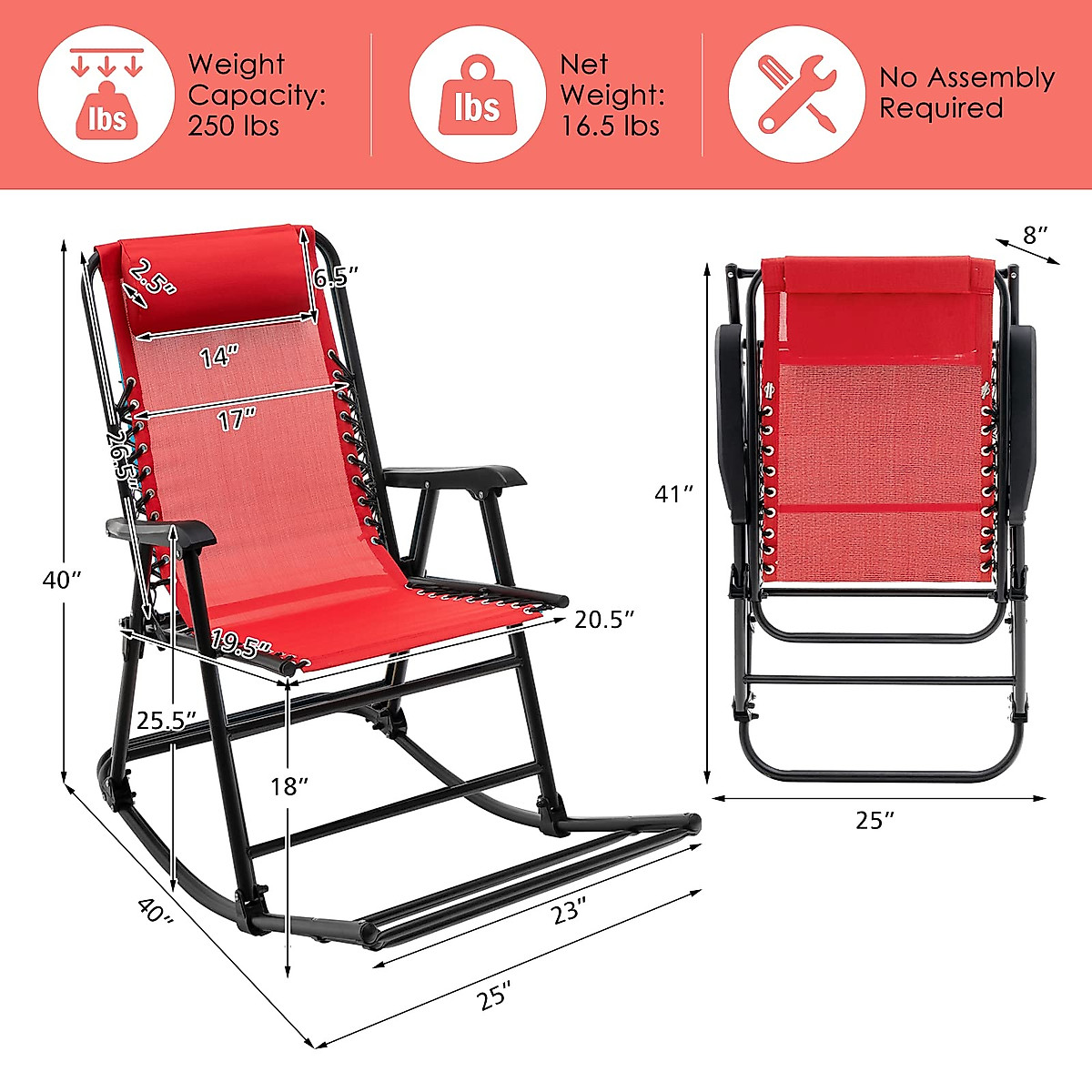 Goplus Folding Rocking Chair, Zero Gravity Rocking Camping Chair with Pillow & Armrests, Folding Lounge Rocker for Outdoor Beach Poolside Yard Garden Indoor (Set of 2, Red)