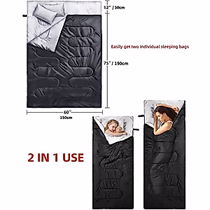 Ohuhu Double Sleeping Bag with 2 Pillows, Waterproof Lightweight 2 Person Adults Sleeping Bag for Camping, Backpacking, Hiking, with Carrying Bag (Black)