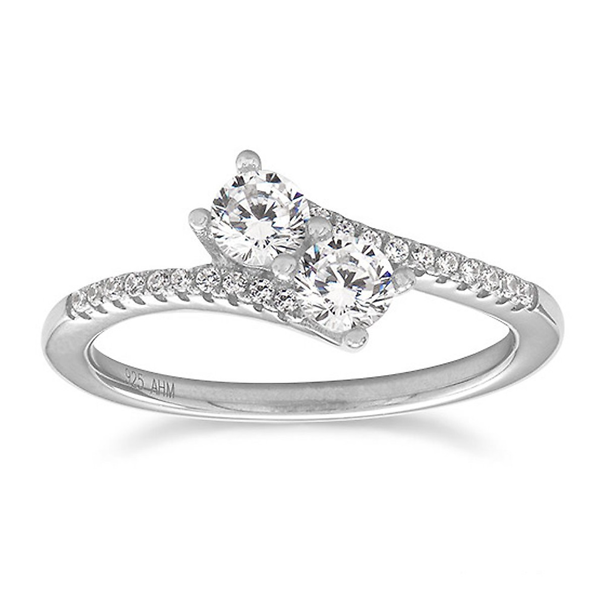 AzureBella Jewelry Overlap Two Stone Cubic Zirconia Ring Rhodium on Sterling Silver with Side Stones, 7