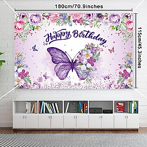 Butterfly Happy Birthday Backdrop, Purple Butterfly Decorations Banner for Girl Women Floral Butterfly Backdrop for Baby Shower Fairy Birthday Decorations, Spring Butterfly Birthday Party Supplies