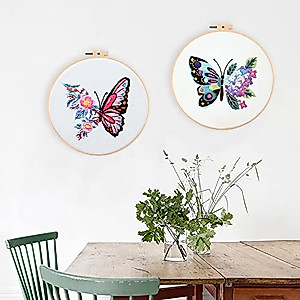 HaiMay 4 Sets Embroidery Starter Kit with Pattern and Instructions, Cross Stitch Kit Include 4 Embroidery Clothes with Butterfly Pattern, 4 Bamboo Embroidery Hoops, Color Threads and Tools