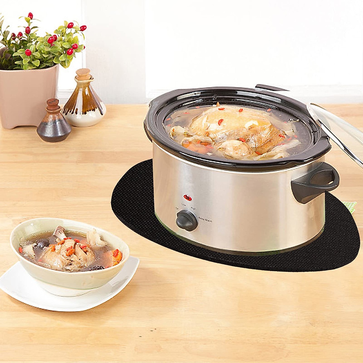 Oval Slow Cooker Heat Resistant Mat for 6-8 Quart, Silicone Countertop Protector Appliance Slider Mat Compatible with Crock-Pot/Elite Gourmet/Hamilton Beach Oval Slow Cooker, Black