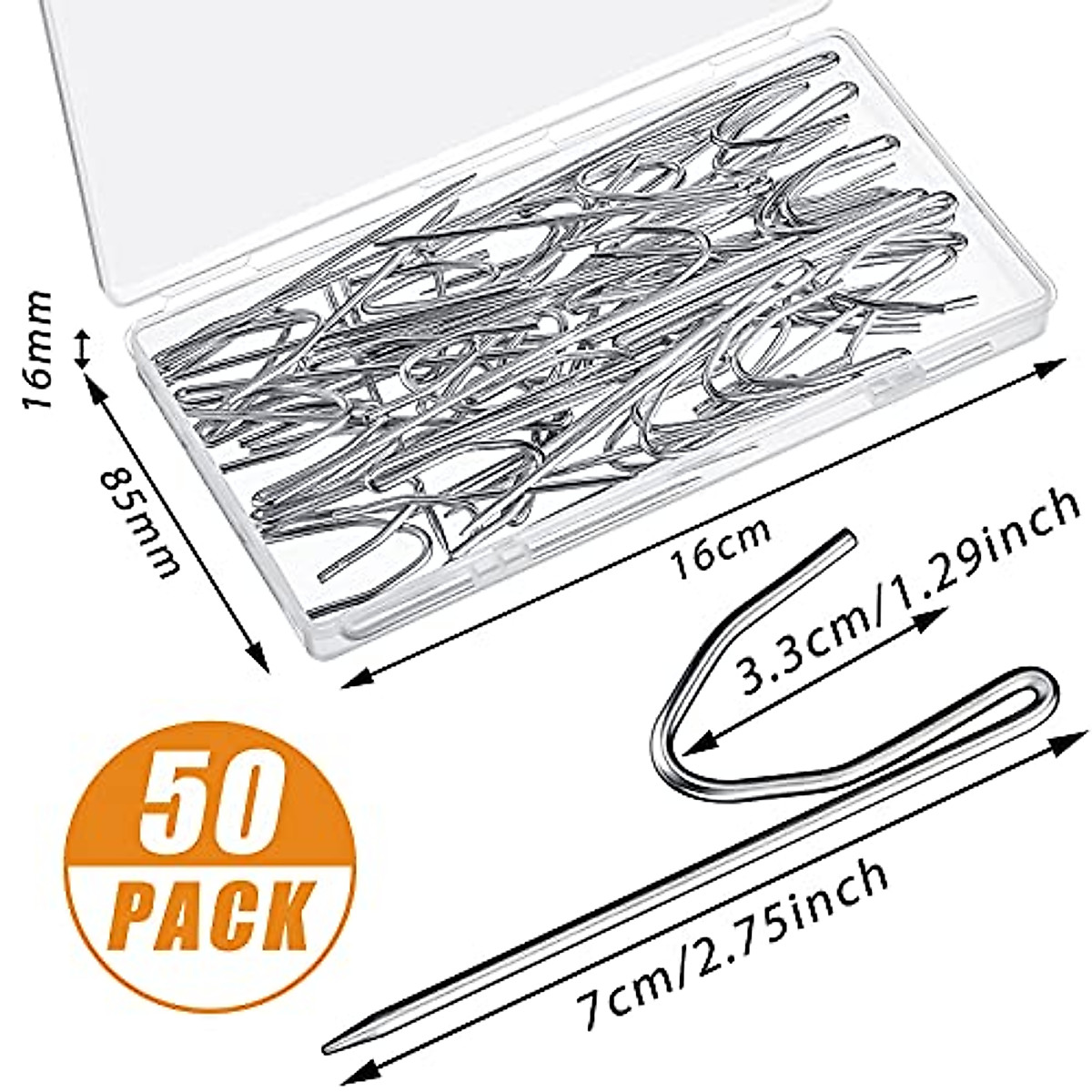 Metal Curtain Hooks Long Drapery Hook Pins 7cm by 1.8cm Stainless Steel Pin on Hooks with Clear Box for Window Curtain, Door Curtain and Shower Curtain, Silver (50 Pieces)