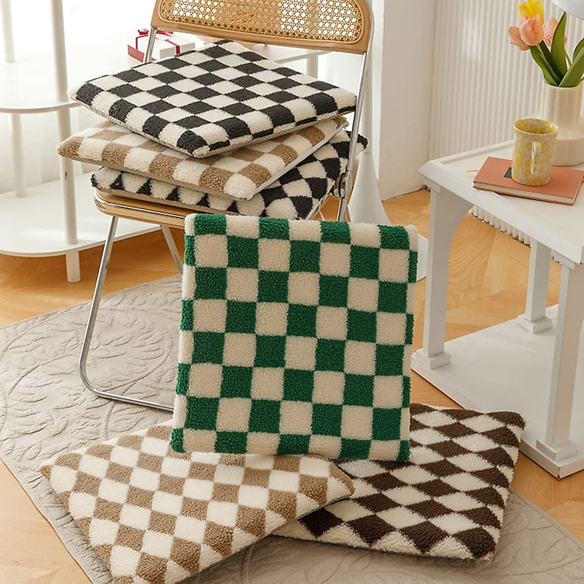 vctops Buffalo Plaid Chair Cushion Faux Fur Sherpa Seat Pad Non Slip Square Seat Cushion Pad for Kitchen Dining Office, Machine Washable (Brown A,16"x16")