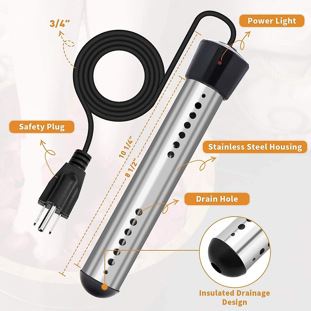 LIVEBAY Immersion Water Heater, Quick 1500W Submersible Water Heater with Stainless Steel Guard Temp Indicator Thermostat for Hot Tub Inflatable Pool Bathtub Wooden Bucket 5 Gallons