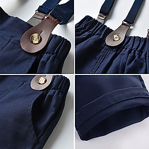 SANGTREE Baby Boys Dress Clothes, Toddlers Boys Long Sleeves Button Down Dress Shirt with Bowtie + Suspender Pants Set Gentlemen Outfit, 1# White, 18-24 Months