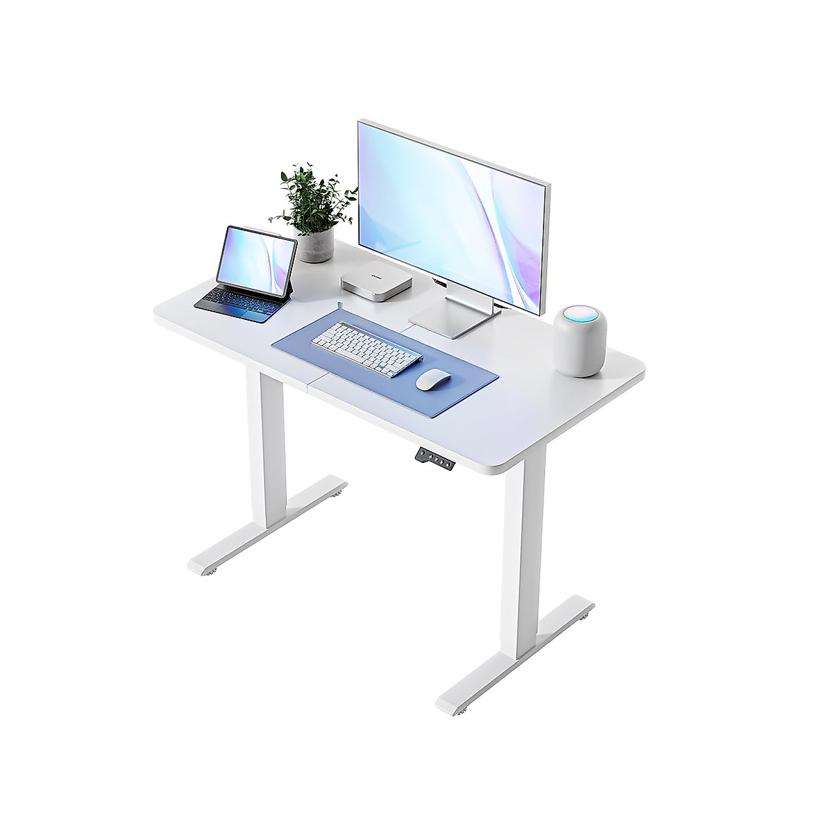 BANTI Small Electric Standing Desk, Stand up Height Adjustable Home Office Table, Sit Stand Desk with Splice Board, 43"x24", White Frame & White Top