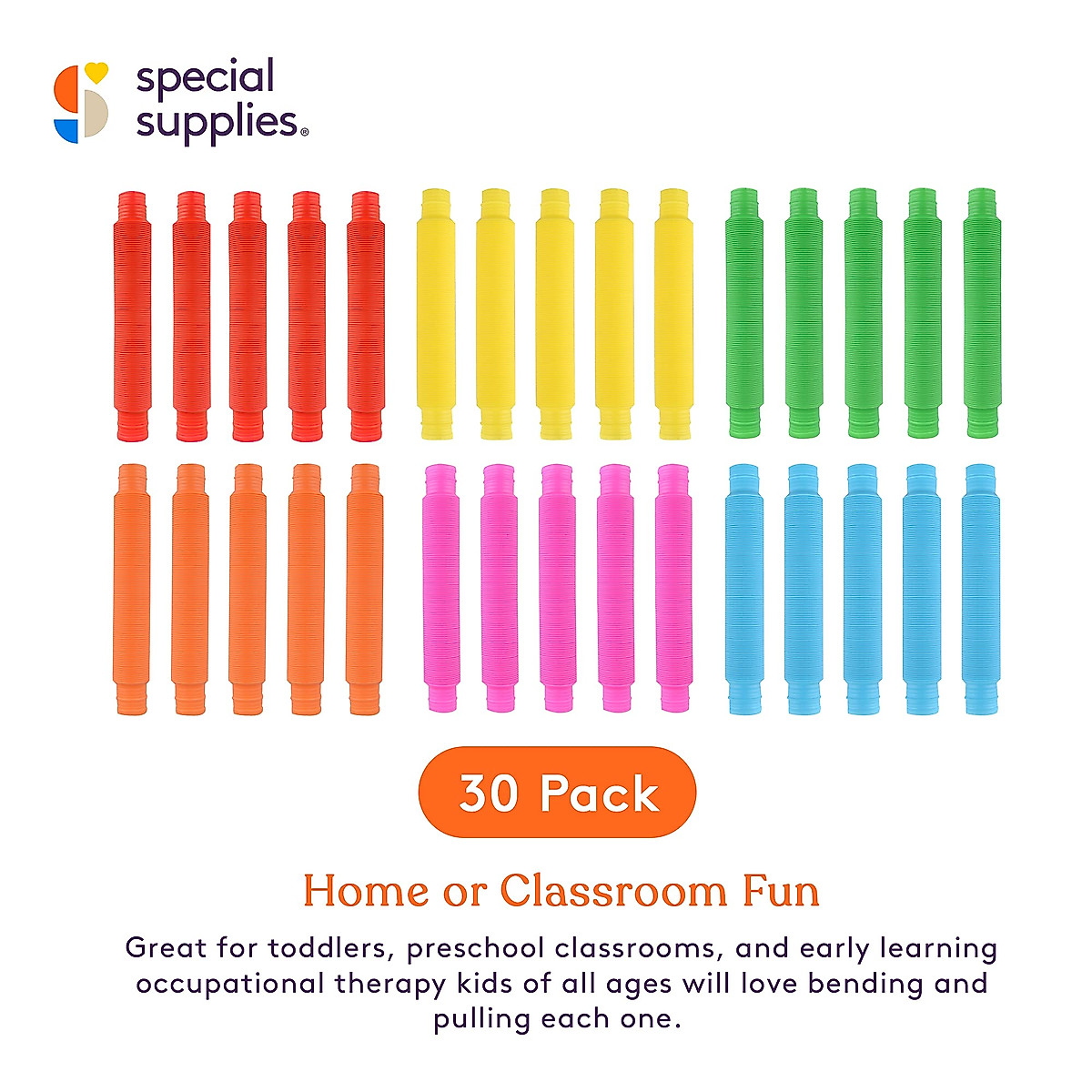 Special Supplies Fun Pull and Stretch Tubes for Kids - Pop, Bend, Build, and Connect Toy, Provide Tactile and Auditory Sensory Play, Colorful, Heavy-Duty Plastic (30)