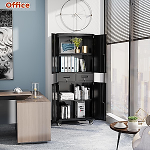 LOCENHU Garage Cabinet with Locking Doors,Tool Storage Cabinet with 4 Wheels and 2 Drawer and Adjustable Shelves- 71" H Rolling Storage Cabinet for Garage,Warehouse,Home,Office,School(Black)