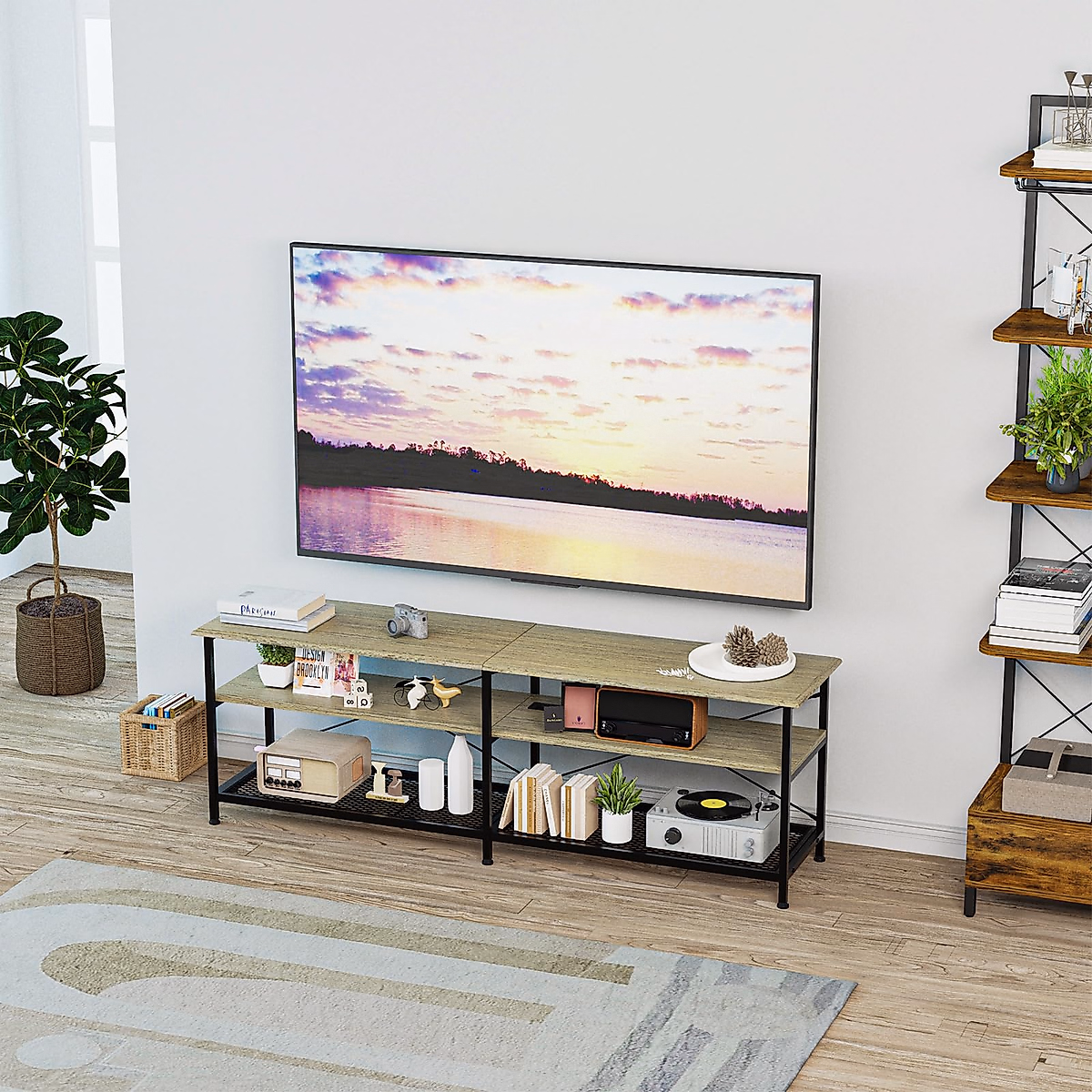 LAZEYARD TV Stand for 60 65 70 Inch TV, Long 63" Entertainment Center TV Console, TV Table with 3-Tier Open Storage Shelves, Industrial TV Cabinet with Metal Frame for Living Room