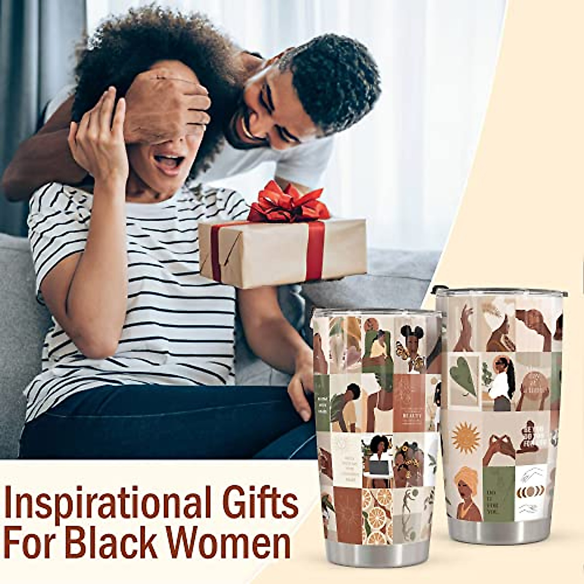 20oz Black Women Tumbler With Lid African American Gifts For Black Women - Self Care For Black Women Positive Affirmations For Black Women Black Girl Magic Stainless Steel Insulated Travel Coffee Cups
