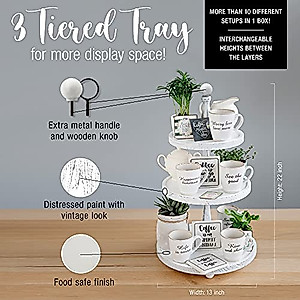 SensaCasa Farmhouse Tiered Tray – 3 Tier Tray – Rustic White Three Tier Tray - Wooden Farmhouse Kitchen Decor – 3 Tier Serving Trays – Wood Round Tiered Stand