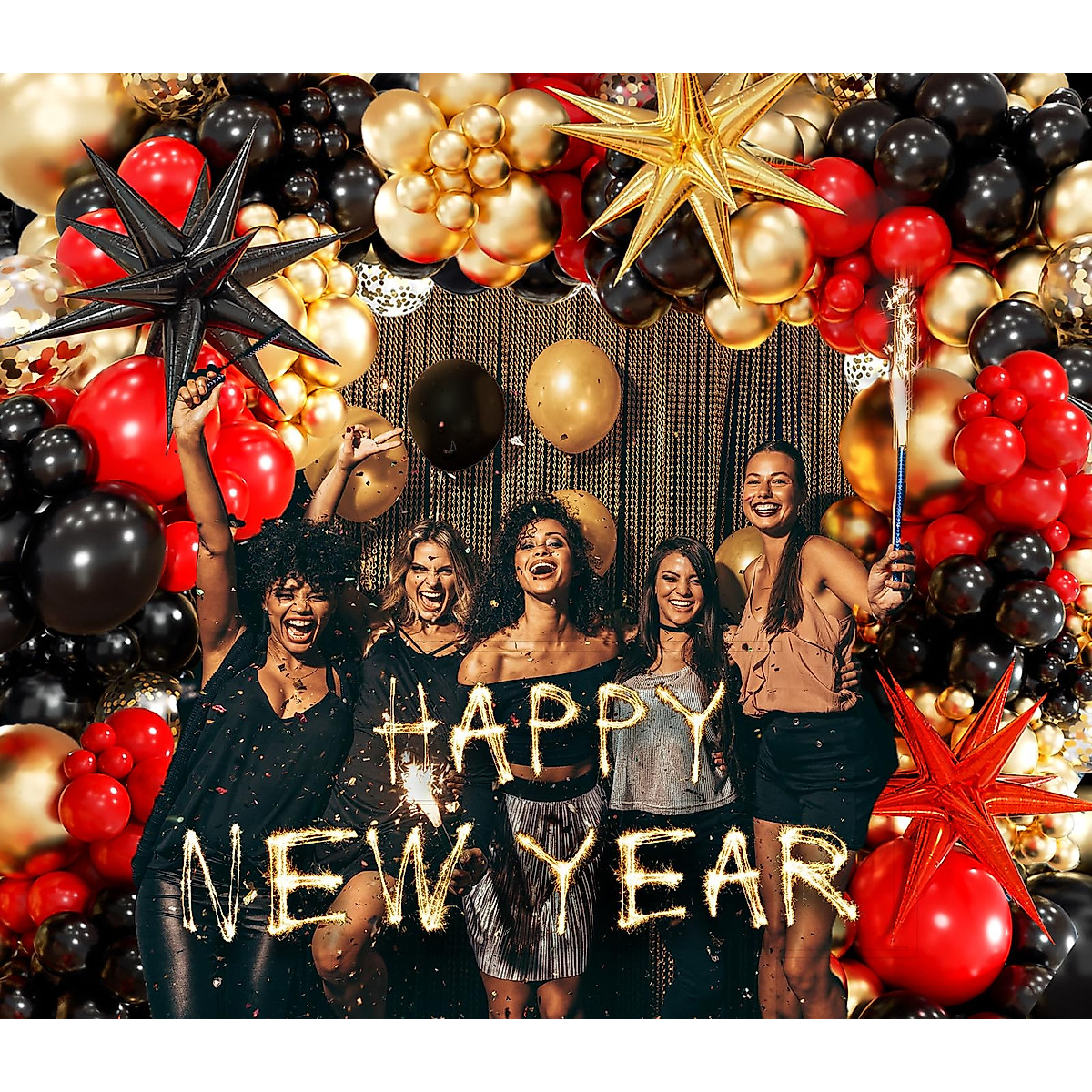 FOTIOMRG Red Black Gold Balloons Arch kit with 3pcs Star Balloons, Red Black and Gold Balloons Garland for Anniversary Casino Night Hollywood New Years Movie Night Birthday Decorations