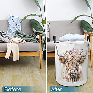 Laundry Basket Pink Floral Highland Cow Collapsible Laundry Hamper with Handles Clothes Storage Bin for Household Bedroom Bathroom College Dorms