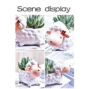 Cute Animal Sheep Small Flower Pot with Drainer Garden Flower Pot Resin Succulent Potted Bonsai Plant Stand Home Desk Mini Ornaments Without Plants