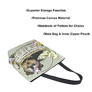Women Top Bag Handle Handbags Shoulder Bag Yorkie Puppy With Daisy Tote Washed Canvas Purses Bag (be11d)