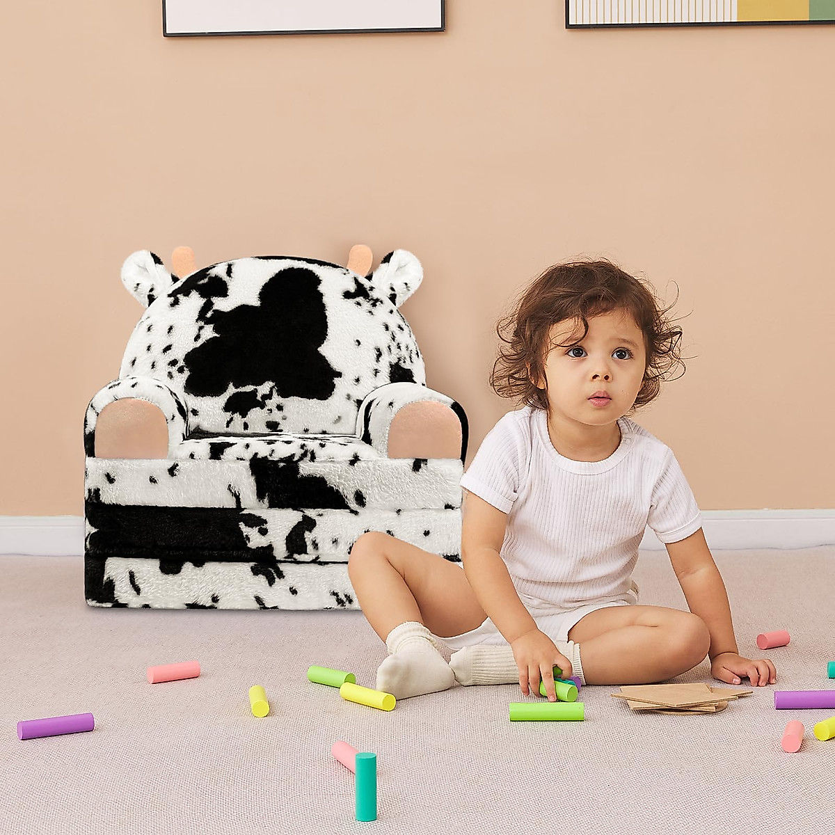 QIUODO Toddler Chair Plush with Removable Cover, Kids Sofa Bed to Lounger, Comfy Kids Couch for Kids Over 18 Months, Toddler Recliners for Kids（Milk Cow）