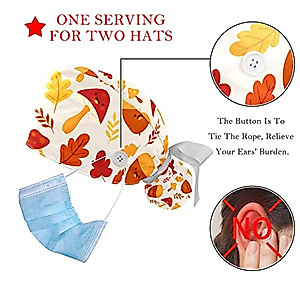 LWSHUNYI 2PCS Working Cap with Button Reusable Surgical Cap Lovely Acorn & Leaves Pattern Tie Back Bouffant Hats for Women Long Hair