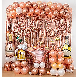 Rose Gold Birthday Party Background Decoration&Balloons Arch Kit,Crown,Rose Gold Happy Birthday Banner,Fringe Curtain,Balloon gift box,Sweet 16 18th 21st 30th Birthday for Women Girls