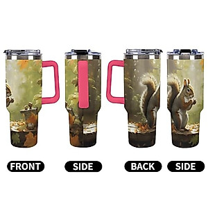 LLUTSNTH 40 Oz Vacuum Tumbler with Light Rose Red Handle Leakproof Insulated Tumbler Squirrel Eats Nuts Stainless Steel Travel Mug with Lid And Straw Coffee Cup Cute Water Bottles Cup Holder Friendly