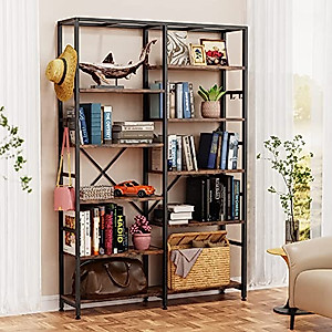Monesti Bookshelf, 5 Tier Bookcase with 6 Hooks, Book Shelf for Bedroom, Living Room, Kitchen, Study and Home Office(Rustic Brown).