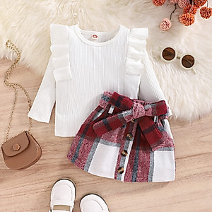 Noubeau Toddler Baby Girls Plaid Outfits Knit Ribbed Sweatshirt Shirt Tops Red Plaid Belt Skirt Fall Winter Clothes (White, 12-18 Months)