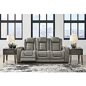 Signature Design by Ashley Backtrack Contemporary Tufted Leather Power Reclining Sofa with Adjustable Headrest, Light Gray