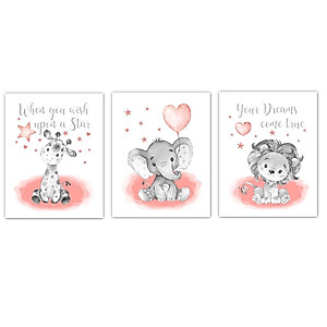 Elephant Baby Girl Nursery Wall Art Giraffe Lion When You Wish Upon a Star Safari Animals Decor 3 UNFRAMED PRINTS