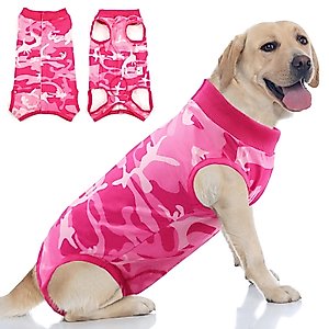 KOESON Dog Recovery Suit, Soft Dog Surgery Suit Female Spay Pet Onesie, Anti Licking Male Recovery Suit for Dogs After Surgery, Dog Cone Alternative Surgical Suit for Dogs Pink Camo L