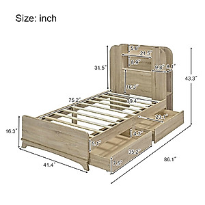 HoRunzelin Twin Size Platform Bed with Storage Bookcase Headboard,2 Drawers and LED Light,Wooden Bed Frame with Bookshelf Shelves for Kids Boys Girls, Natural