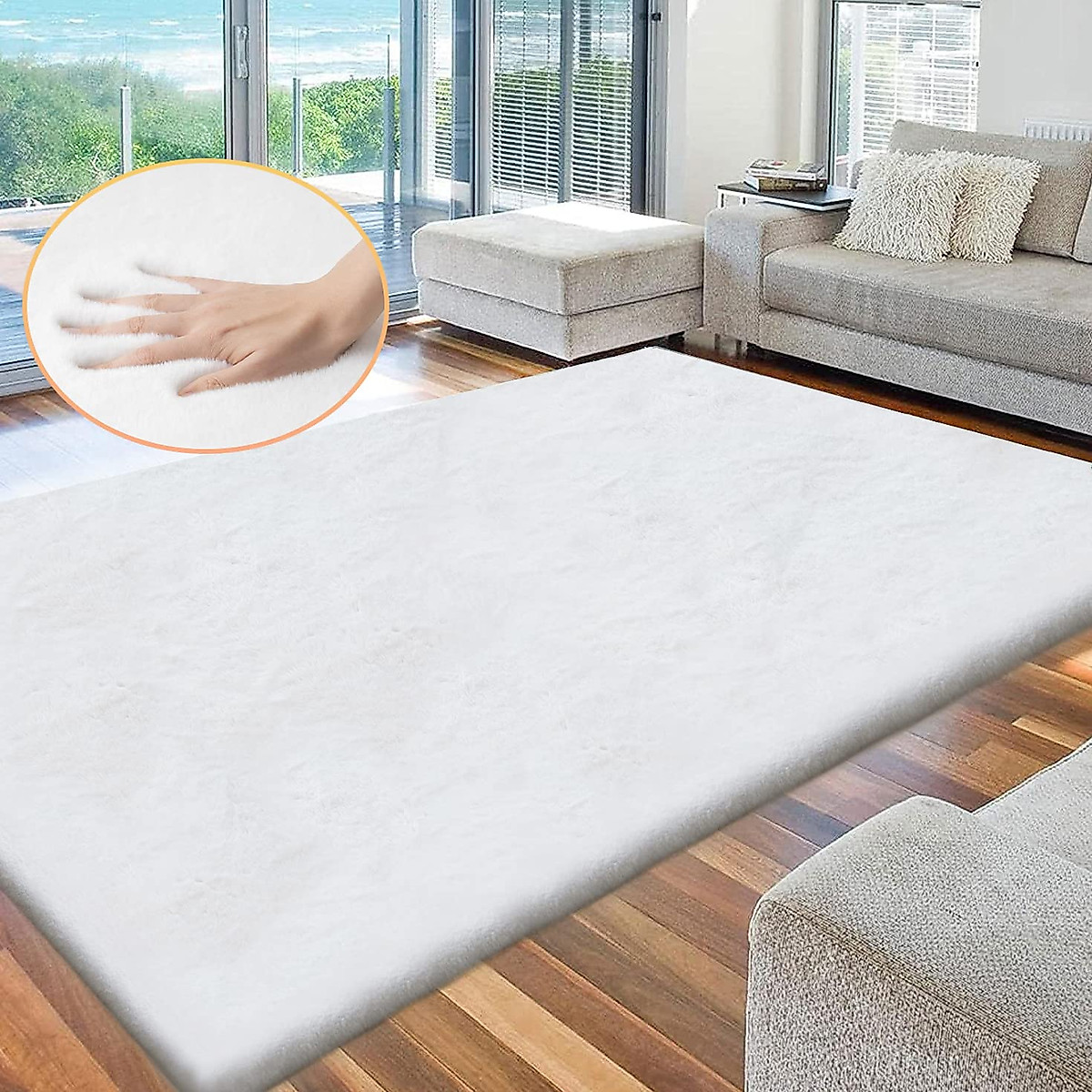 ORINOVA White Fluffy Living Room Rugs 6x9 Area Rug Washable Shag Rugs for Bedroom Faux Rabbit Fur Nursery Rug Rectangle Rug